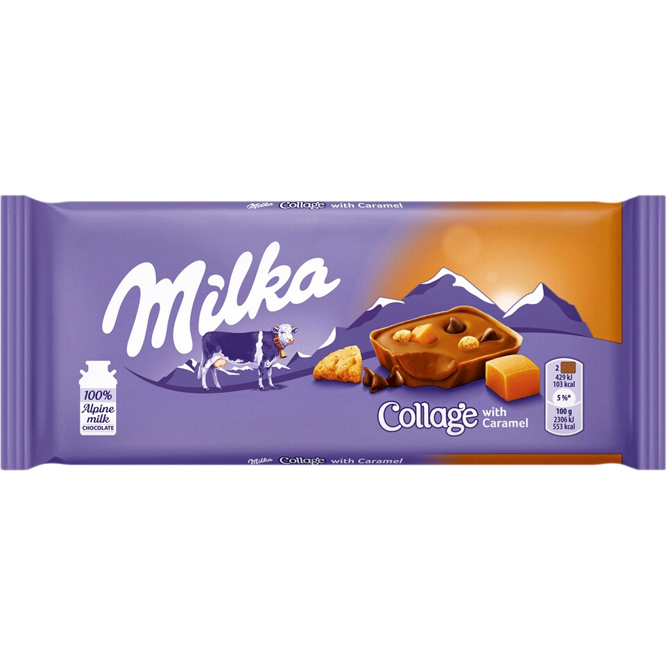 Milka | Collage | Ciocolata cu lapte alpin, crema cu cacao, bucatele de ...