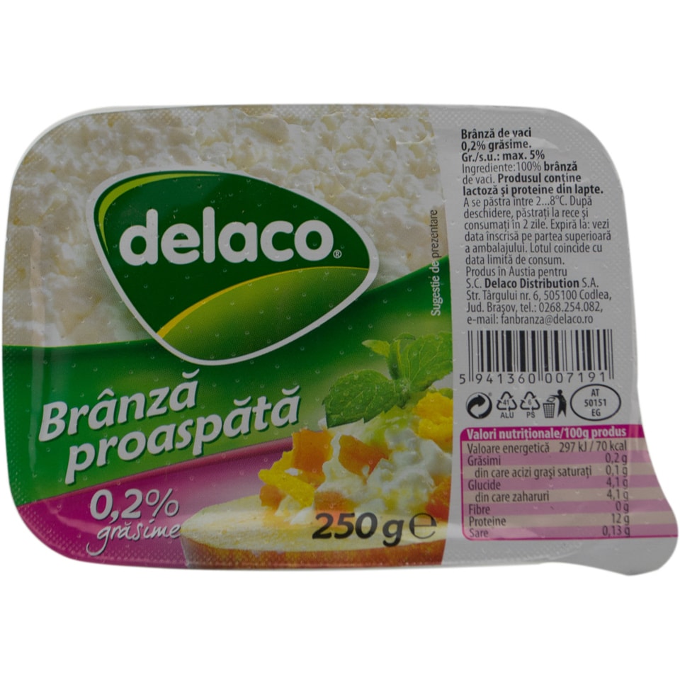Delaco | Branza proaspata 0.2% grasime 250g | Mega-image