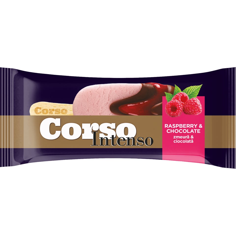 Corso | Intenso | Inghetata cu zmeura, cu glazura de cacao sos de zmeura si ciocolata cu lapte ...