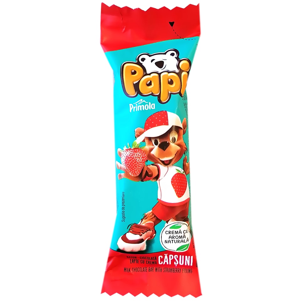 Primola | Papi | Baton de ciocolata cu lapte si crema de capsuni 27.5g ...