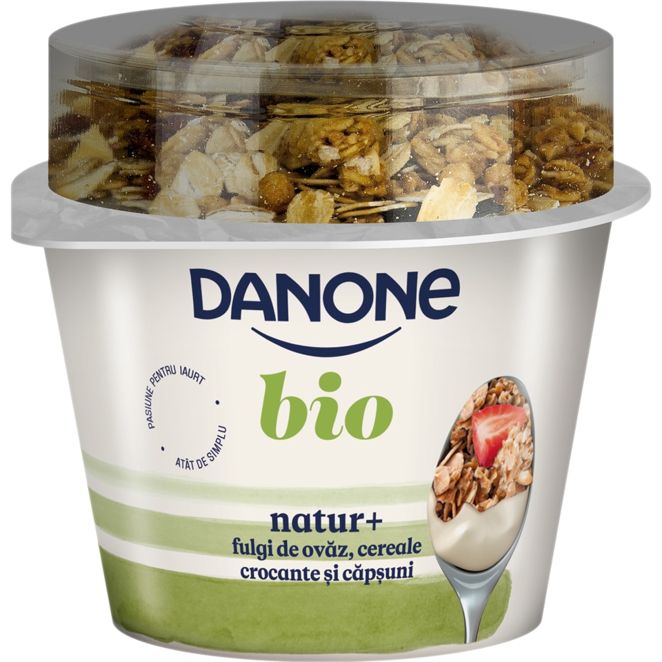 Danone | Iaurt natur bio cu fulgi de ovaz, cereale crocante si capsuni ...