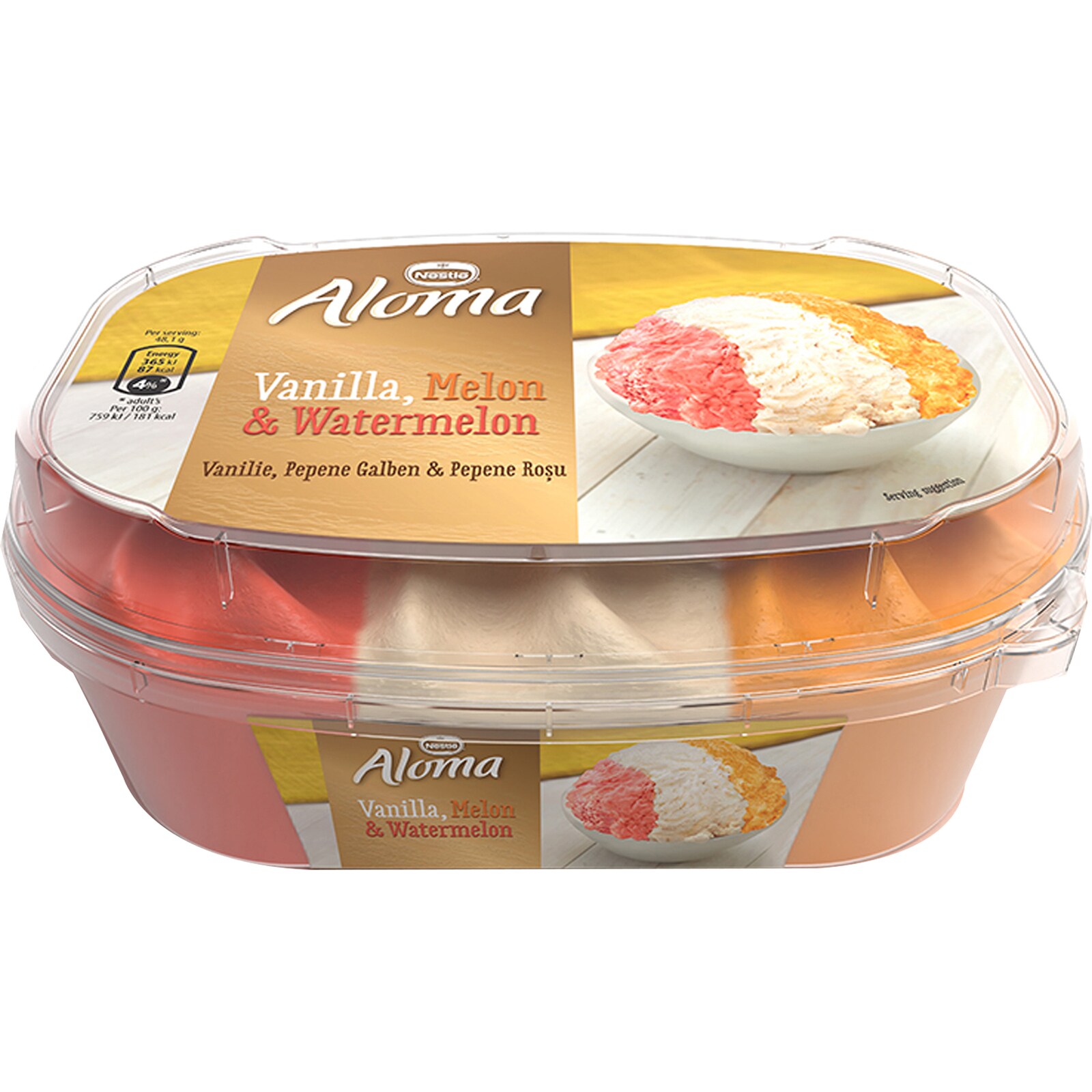 Aloma | Inghetata vanilie, pepene galben si pepene rosu 461g | Mega-image