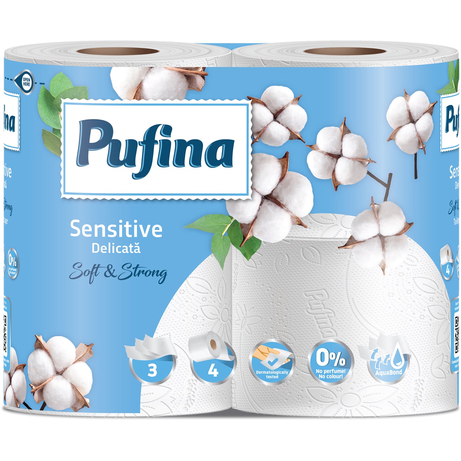 Pufina | Hartie igienica Sensitive, 3 straturi, 4 role | Mega-image