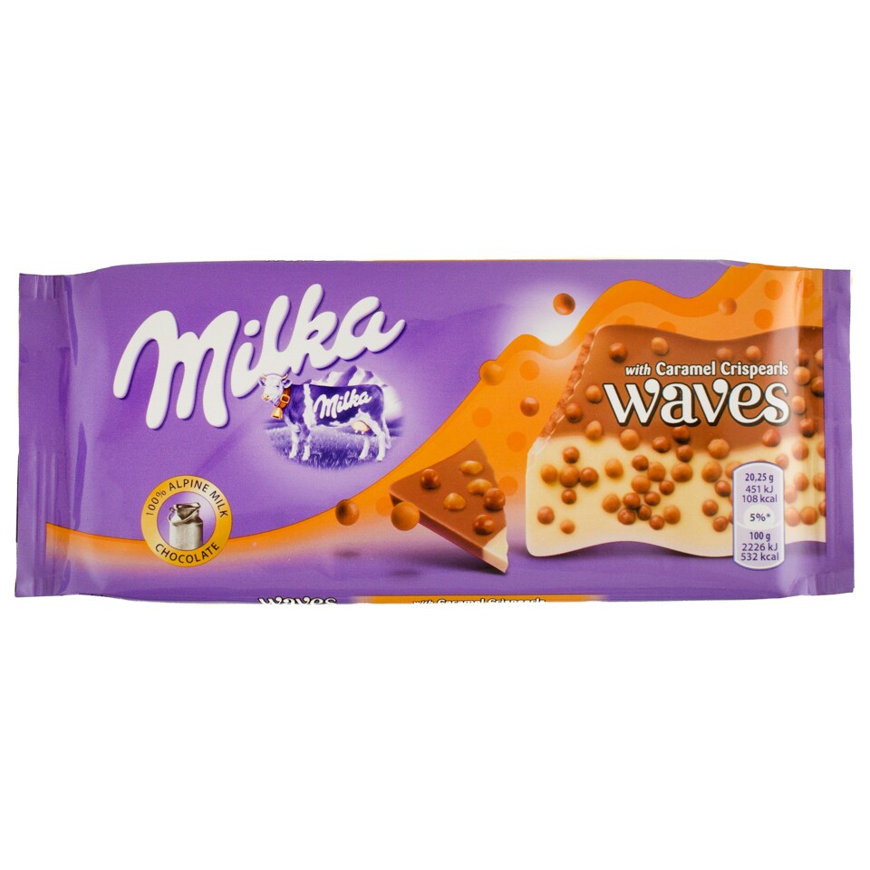 Milka | Waves | Ciocolata cu lapte alpin si ciocolata alba cu bucatele ...