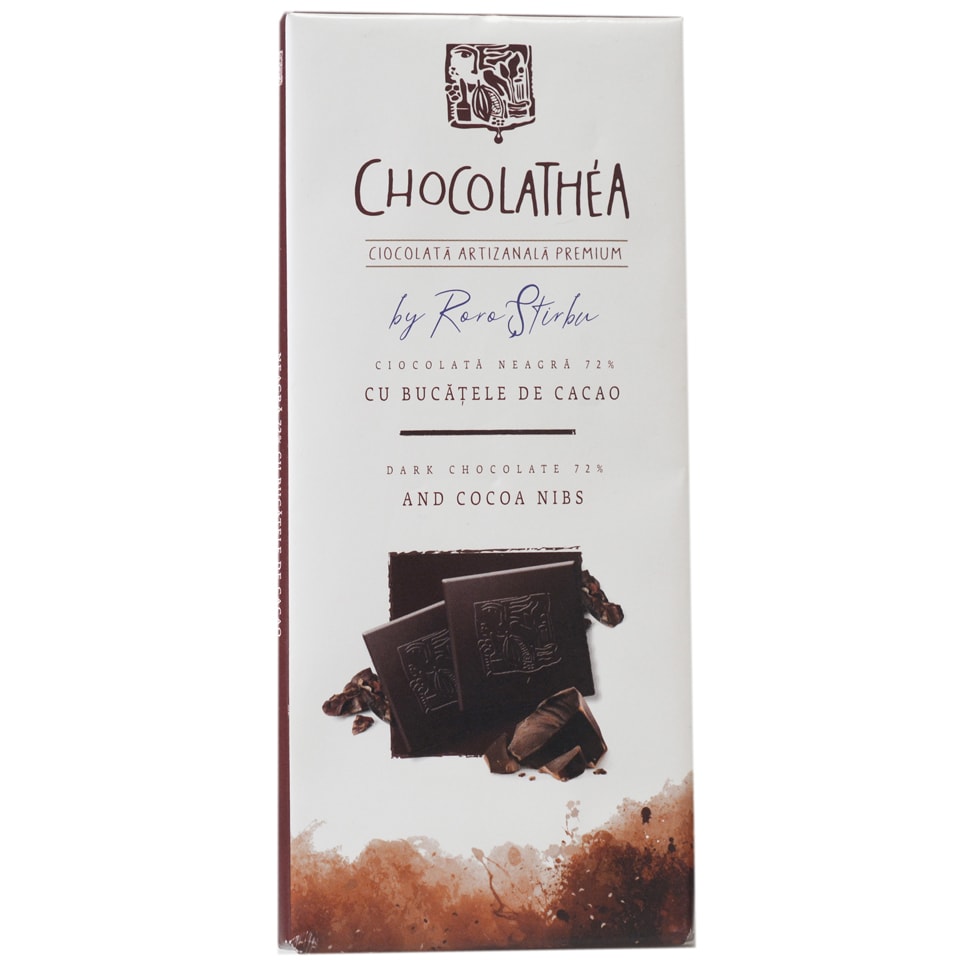 Chocolathea | Ciocolata neagra 72% cu bucati de cacao 90g | Mega-image