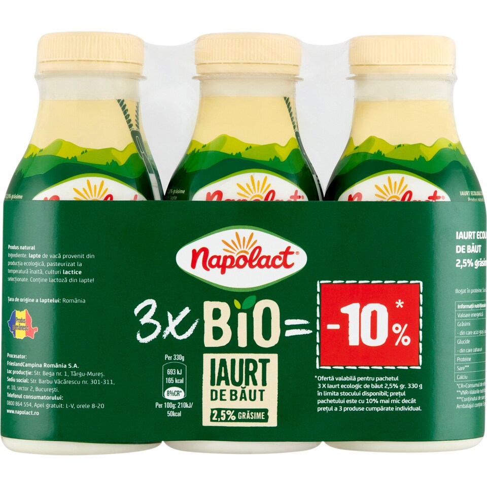 Napolact Bio | Iaurt ecologic de baut 2.5% grasime 3x330g | Mega-image