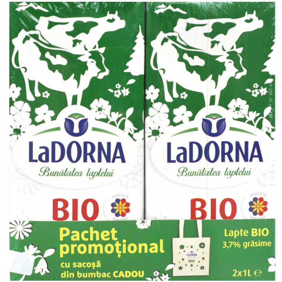 LaDORNA | Lapte ecologic UHT, sacosa de bumbac 2x1L | Mega-image