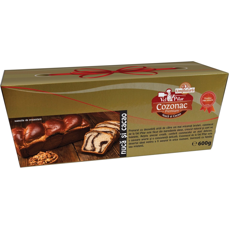 Vel Pitar | Cozonac Premium 40% umplutura, cu nuca si cacao 600g | Mega ...