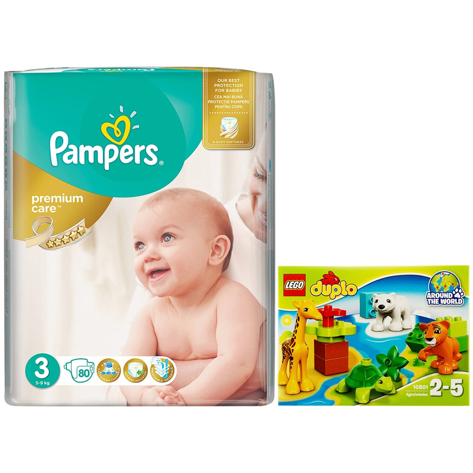 Pampers | Scutece premium care 3 midi 80 buc + Lego duplo animalele ...