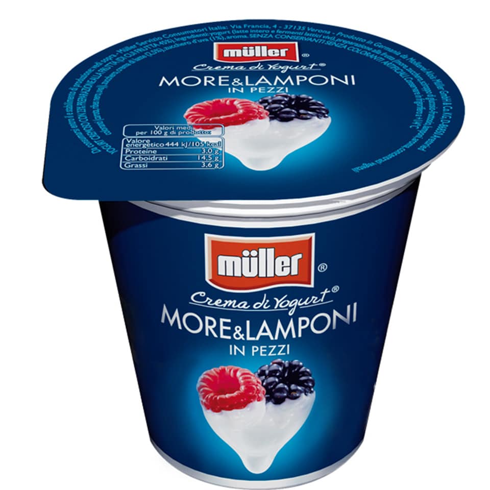 Muller | Pezzi di frutta | Iaurt cu bucati de mure si zmeura 5% grasime ...