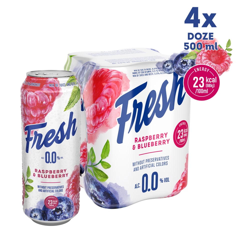 Fresh | Bere fara alcool cu suc de zmeura si coacaze 4x0.5L | Mega-image