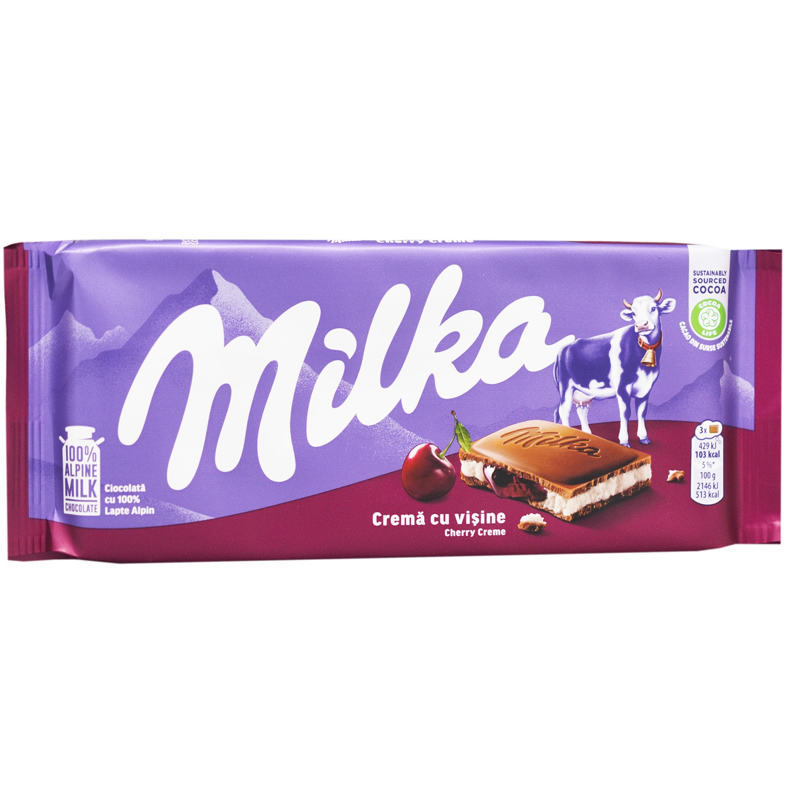 Milka | Ciocolata cu lapte cu crema cu visine 100g | Mega-image