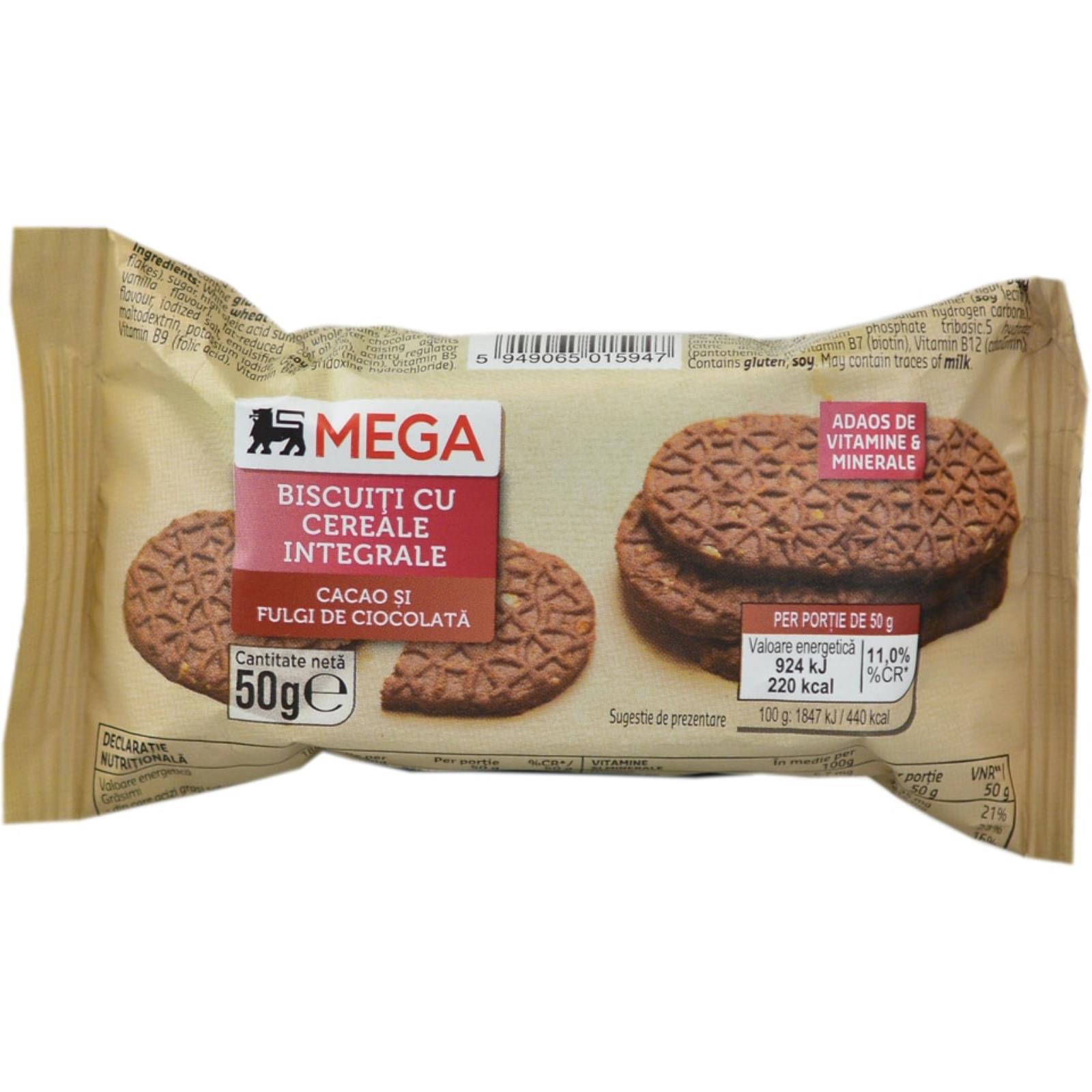 MEGA | Biscuiti cu cereale integrale, cacao si fulgi de ciocolata 50g ...