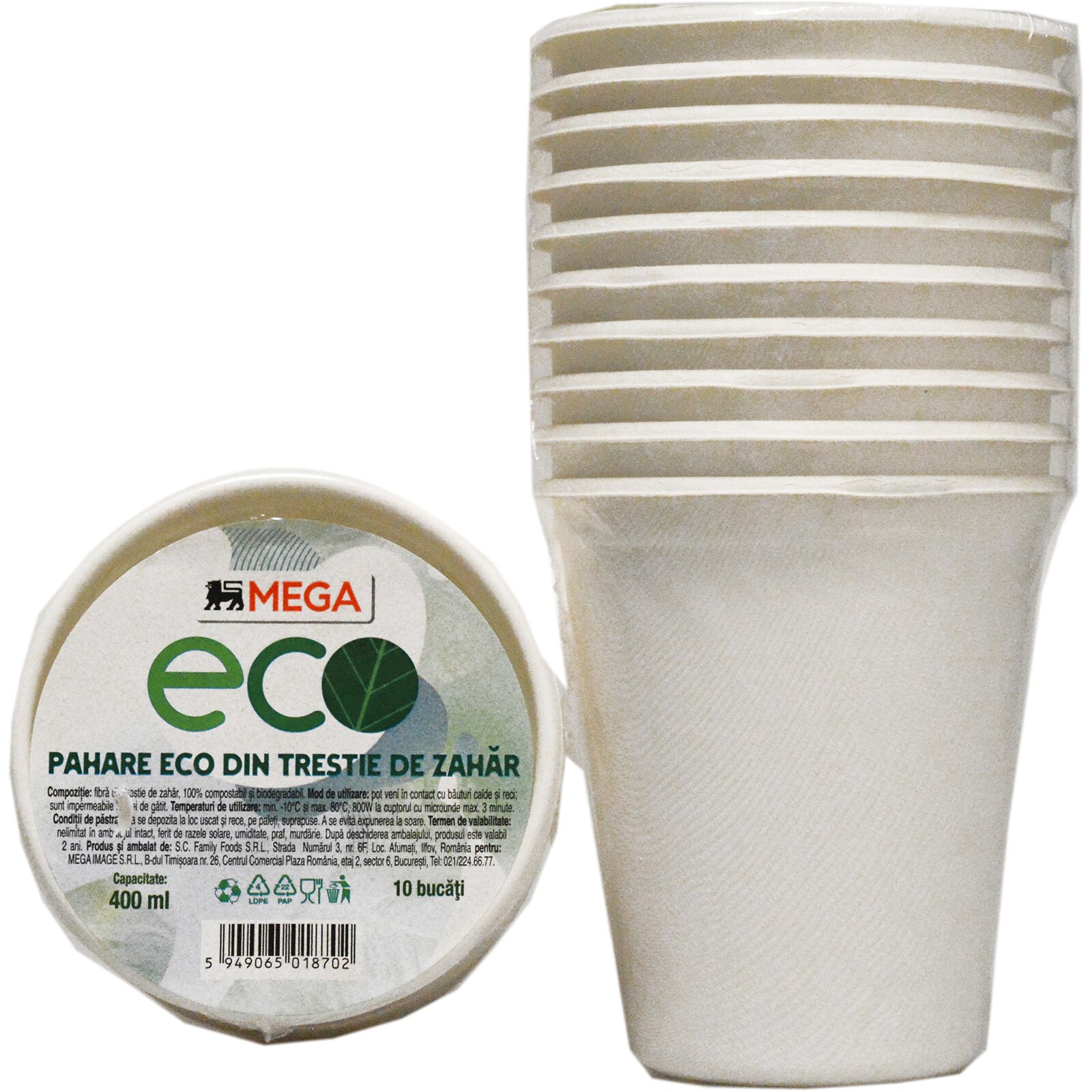 MEGA Eco | Pahare eco din trestie de zahar 10x400ml | Mega-image