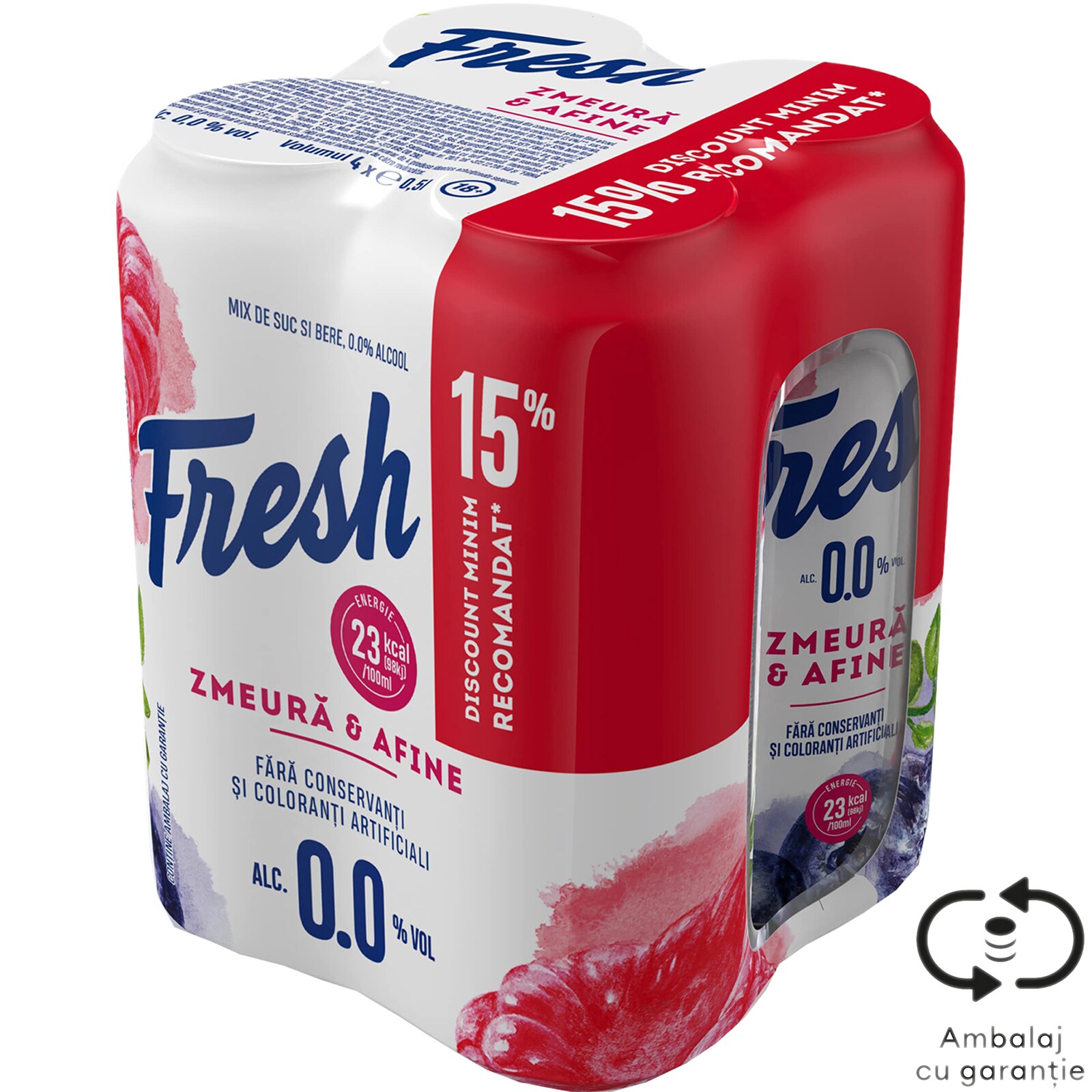 Fresh 0.0 | Bere fara alcool cu suc de zmeura si afine 4x0.5L | Mega-image