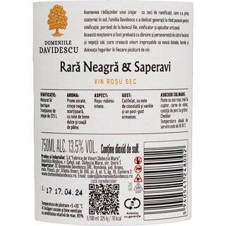 Domeniile Davidescu | Vin rosu Rara Neagra Saperavi 0.75L | Mega-image