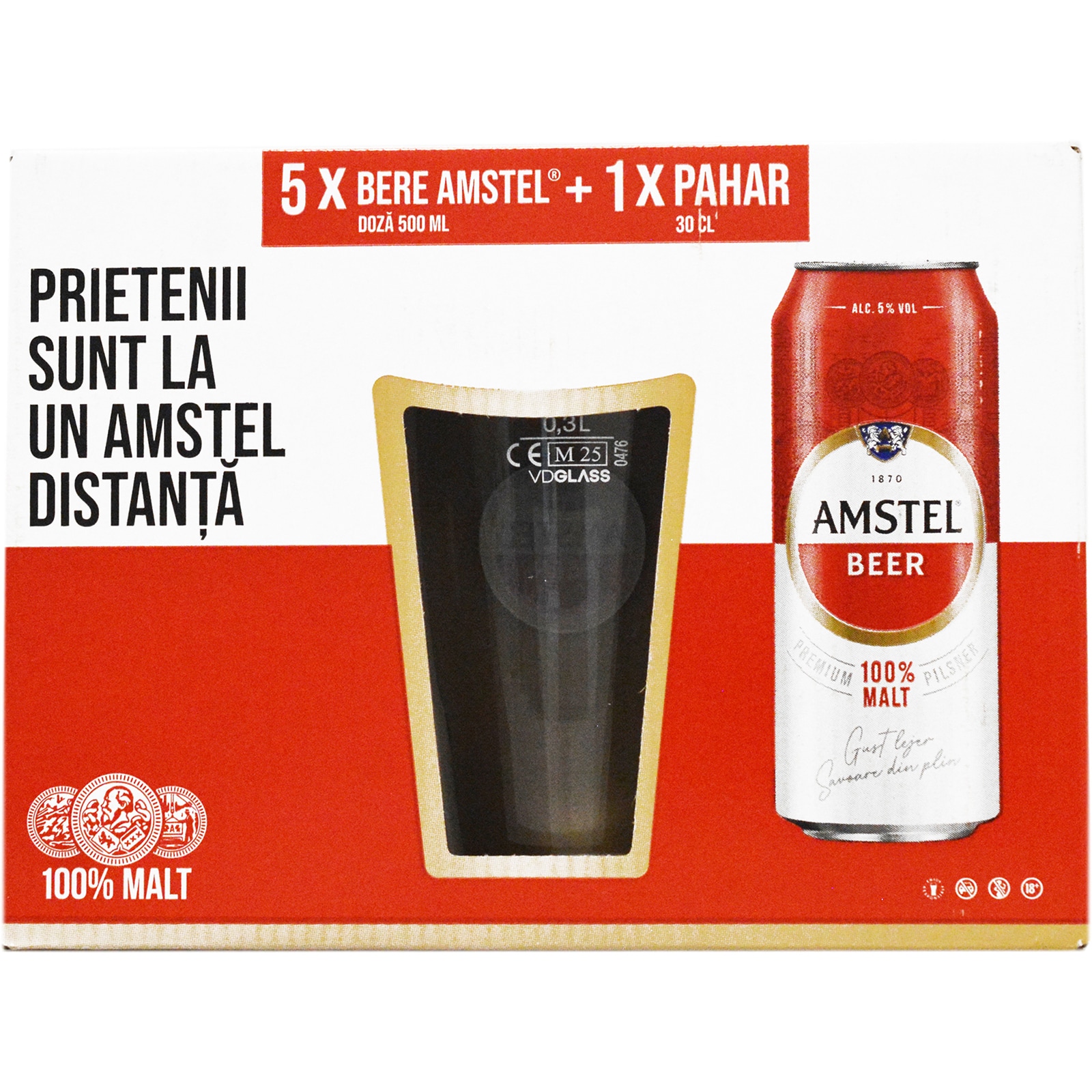 Amstel | Bere blonda 5x0.5L + pahar | Mega-image