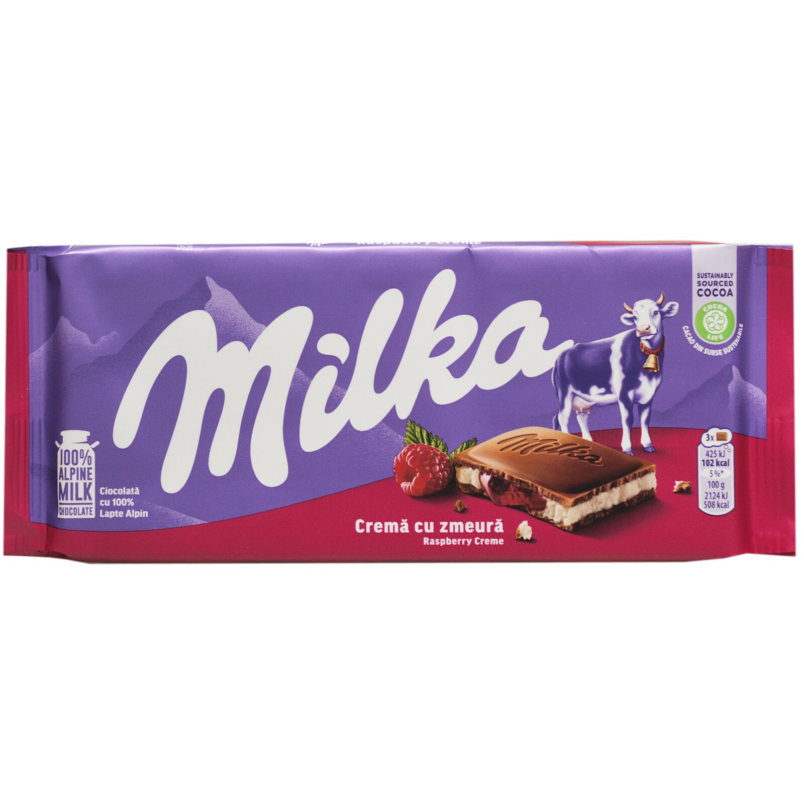 Milka | Ciocolata cu lapte cu crema cu zmeura 100g | Mega-image