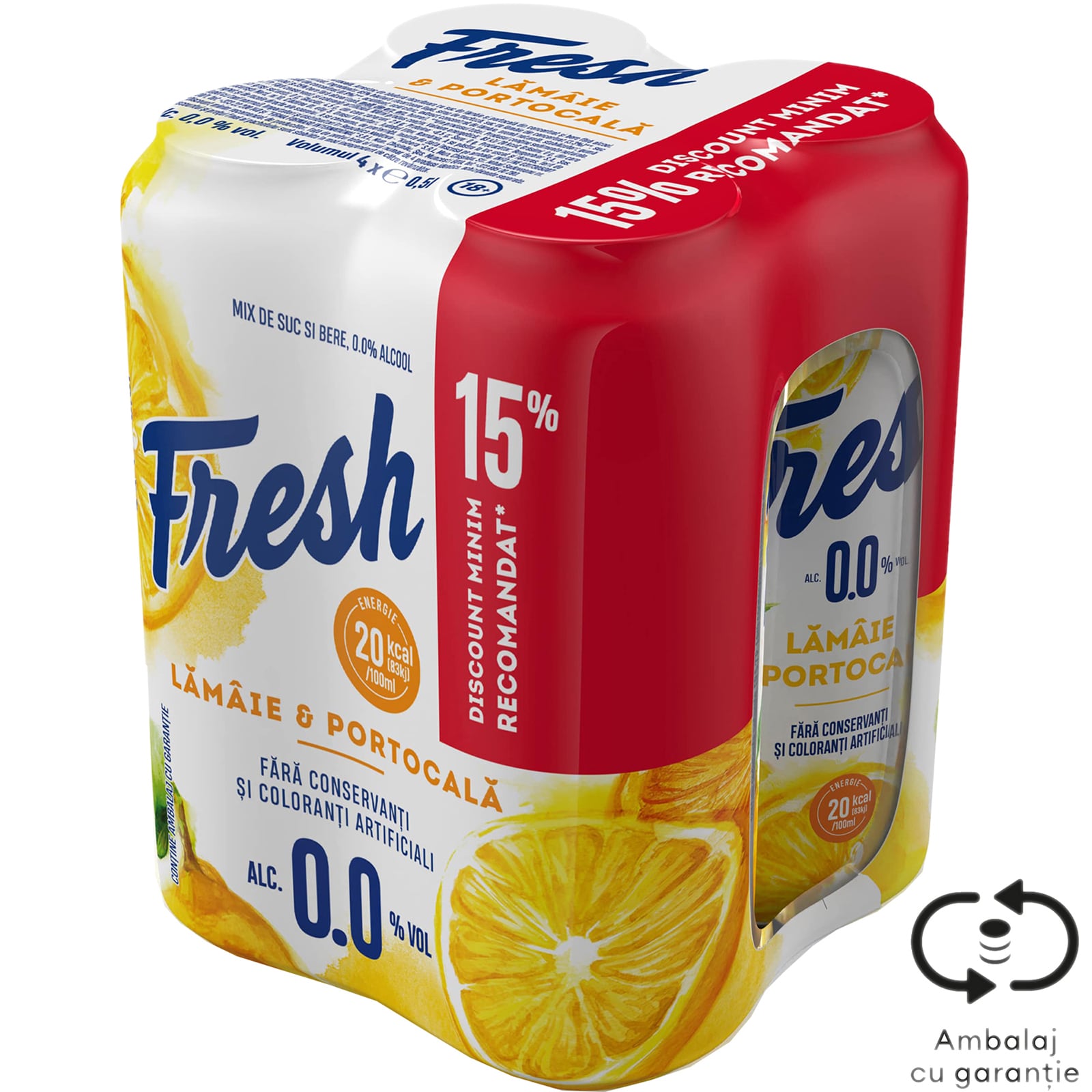 Fresh 0.0 | Bere fara alcool cu suc de lamaie si portocala 4x0.5L ...