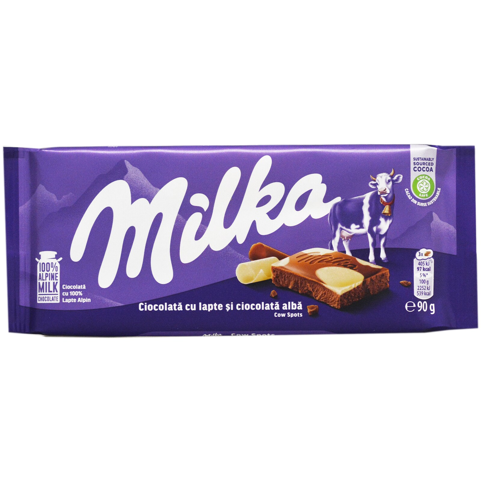 Milka | Ciocolata cu lapte alpin si ciocolata alba 16%. 90g | Mega-image