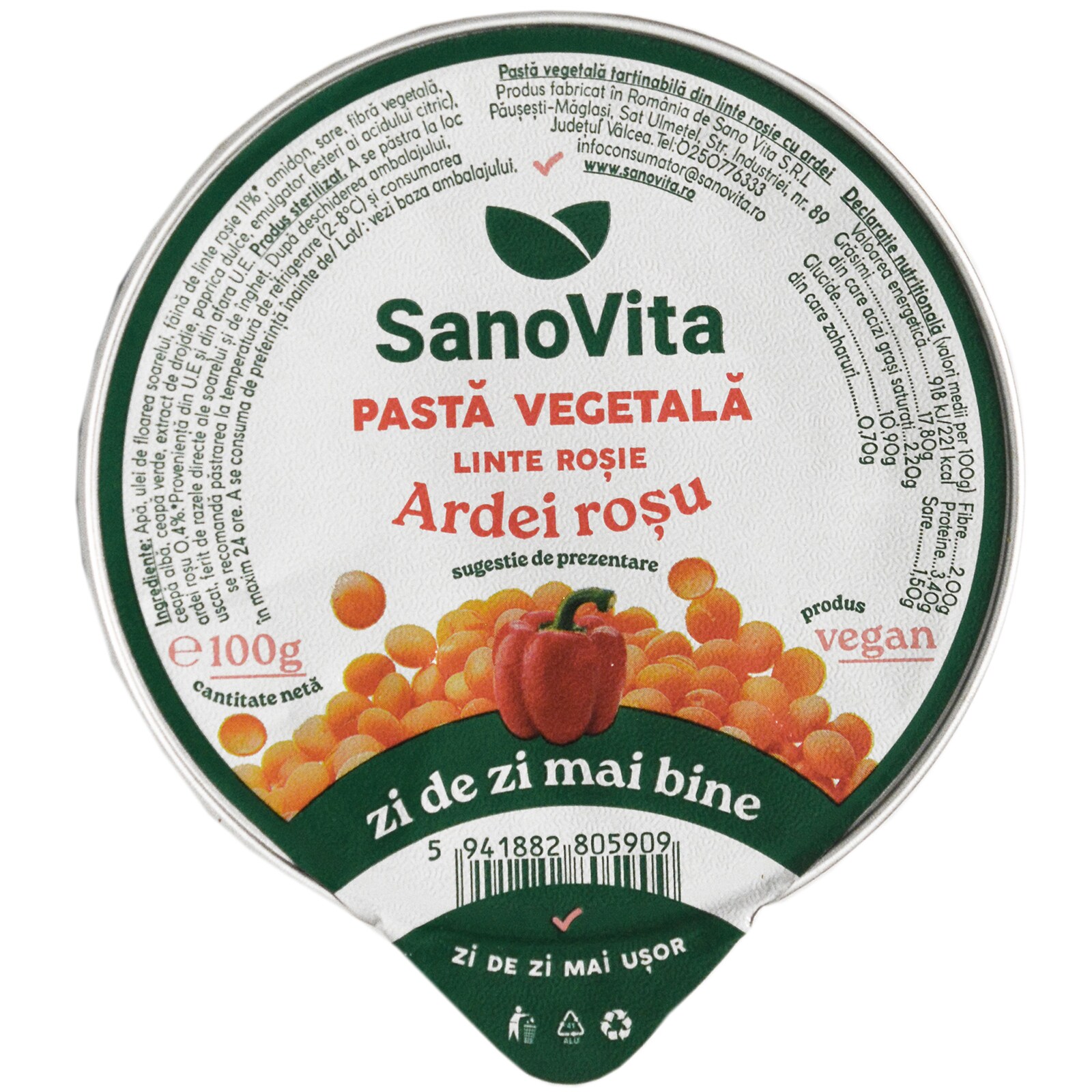 Sano Vita | Pasta vegetala din linte rosie cu ardei 100g | Mega-image